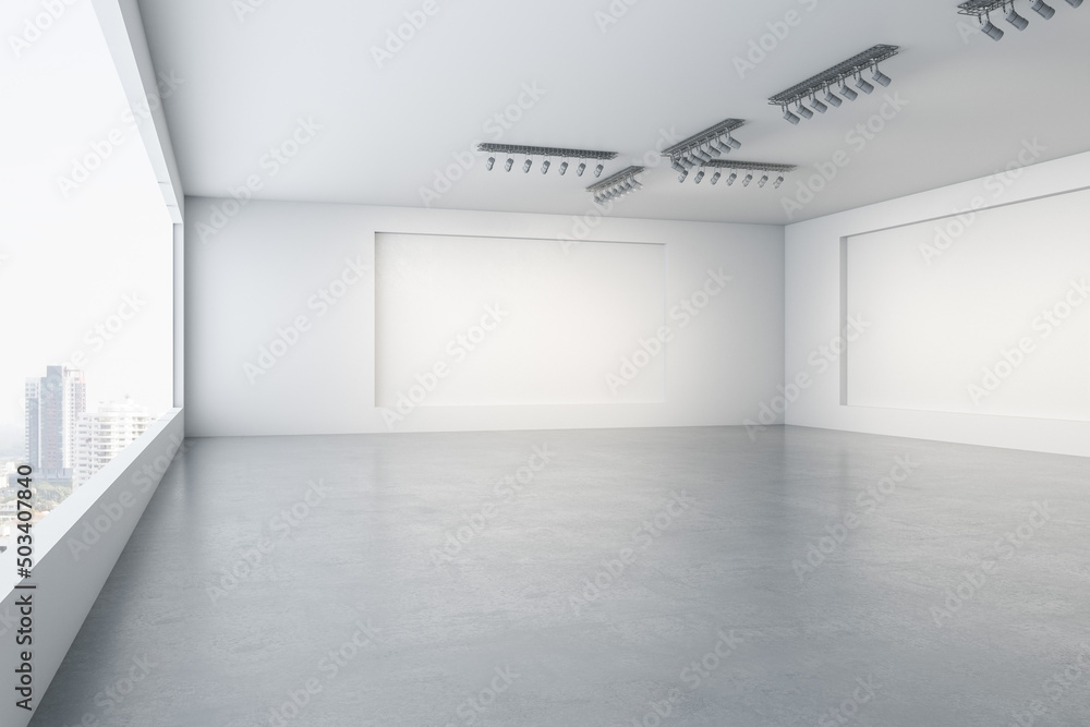 Empty concrete gallery interior with window and city view, mock up ...