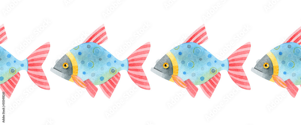 Seamless border of cartoon colored carp. Cute funny fish-carp, crucian ...