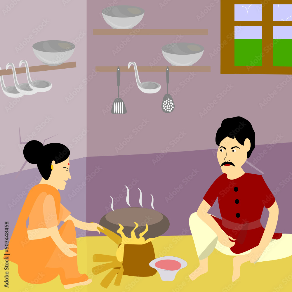 Young Indian Village women preparing food in a vintage kitchen using ...