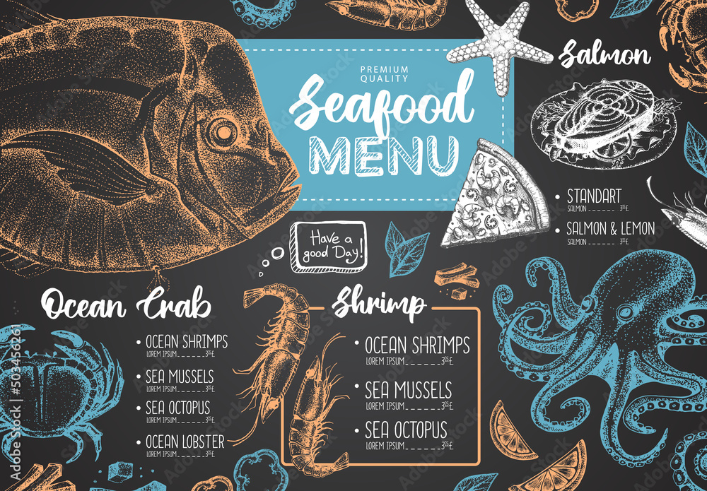 Chalk drawing seafood restaurant menu design with hand drawing fish ...