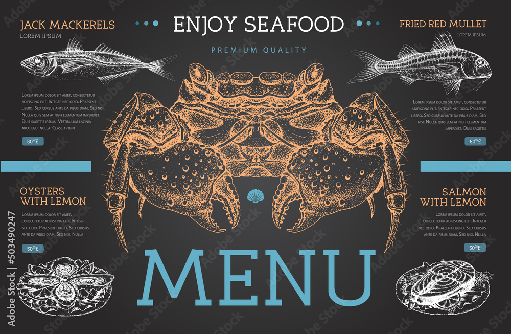 Chalk drawing seafood restaurant menu design with hand drawing fish ...