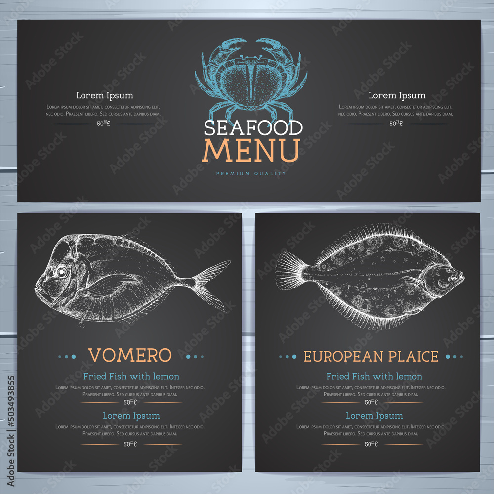 Chalk drawing seafood restaurant menu design with hand drawing fish ...