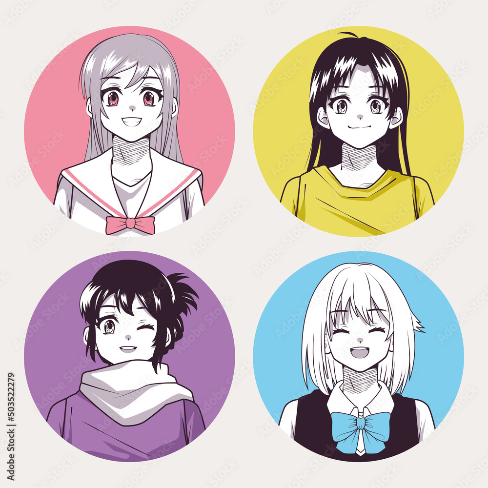 four girls anime faces Stock Vector | Adobe Stock