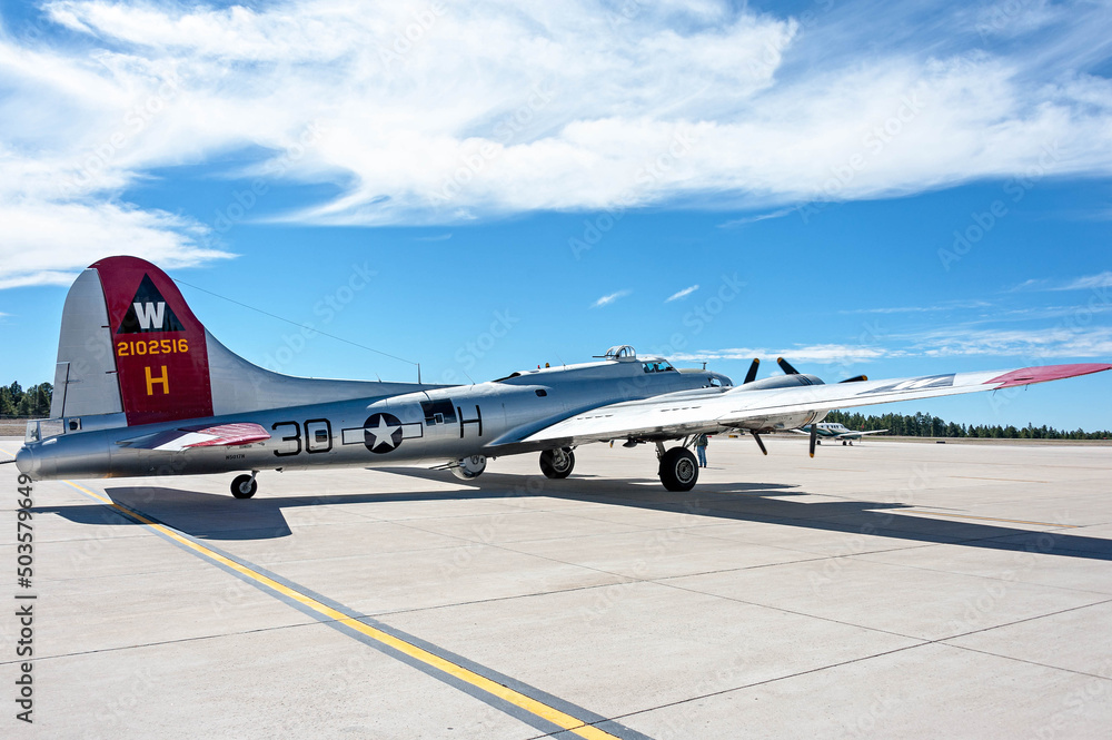 B17 Flying Fortress Bomber Aluminum Overcast USAF WWII Aircraft pictured in Flagstaff Arizona ...