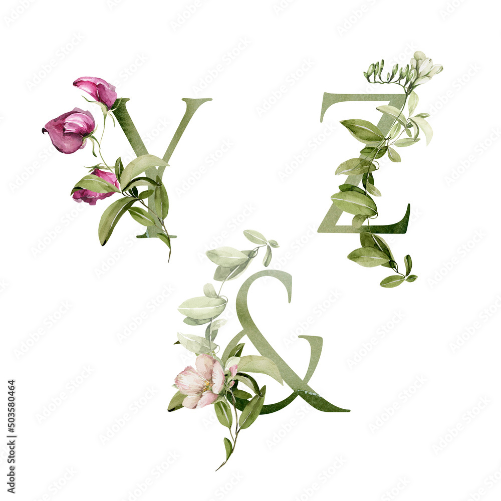 Fotografie Watercolor floral alphabet. Hand painted letters, numbers ...
