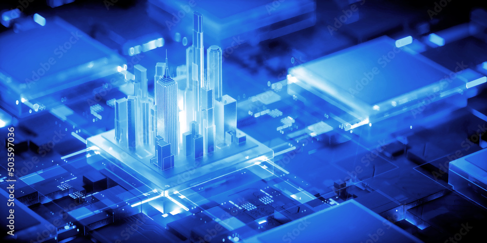 3D rendering of cyberpunk AI. Circuit board. Technology background ...