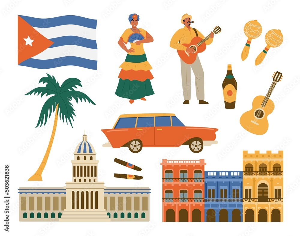 Havana, Cuba theme vector clip art and icons set. Cuban flag, vintage ...