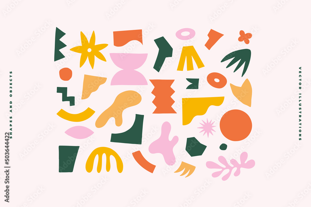Big set of abstract graphic shapes. Multicolored shapes and objects on ...