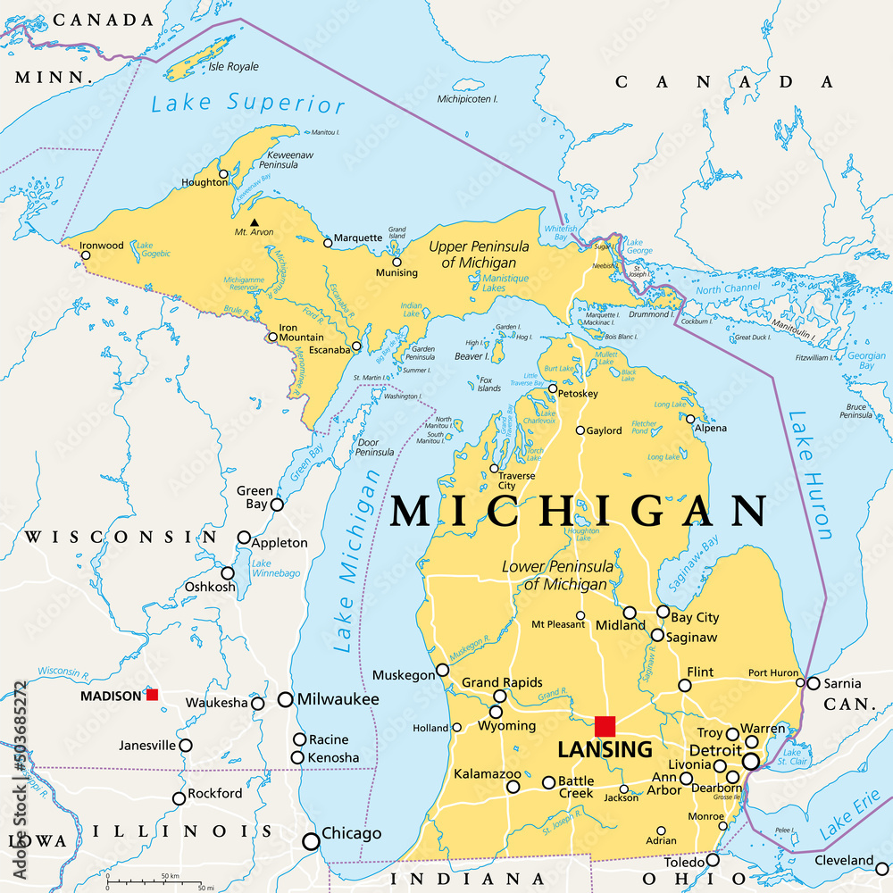 Michigan, MI, political map, with capital Lansing and metropolitan area ...