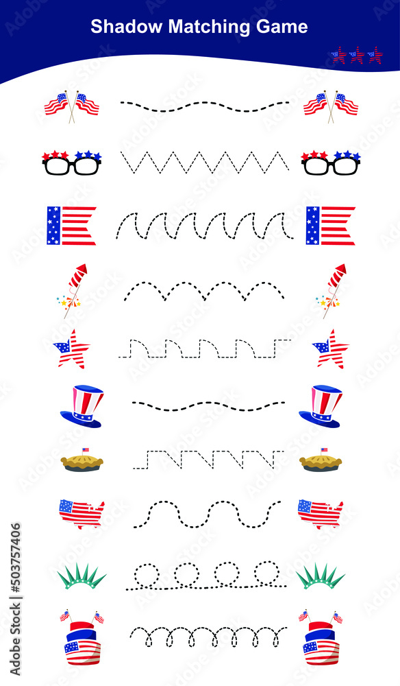 Tracing Lines Game Fourth July Edition. Worksheet activity for ...