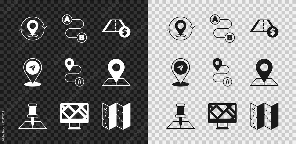 Set Map pin, Route location, Toll road traffic, Folded map with marker, Monitor, and icon ...