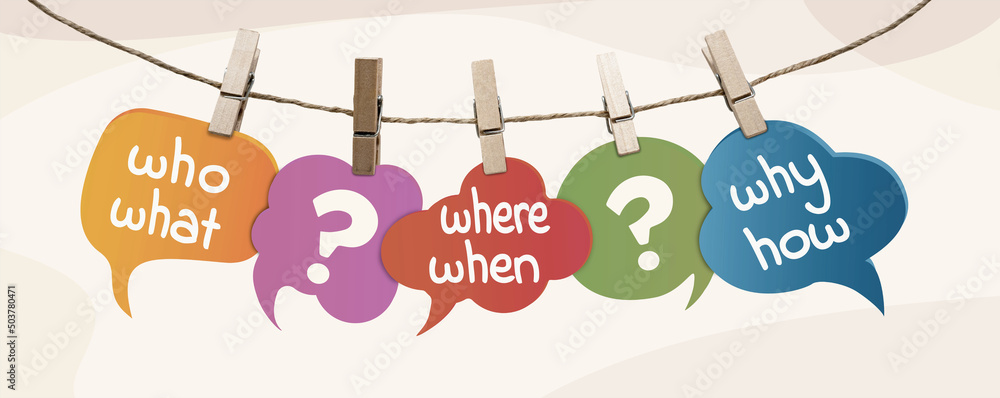 Colorful speech bubble hanging with clothespins with question text Who ...