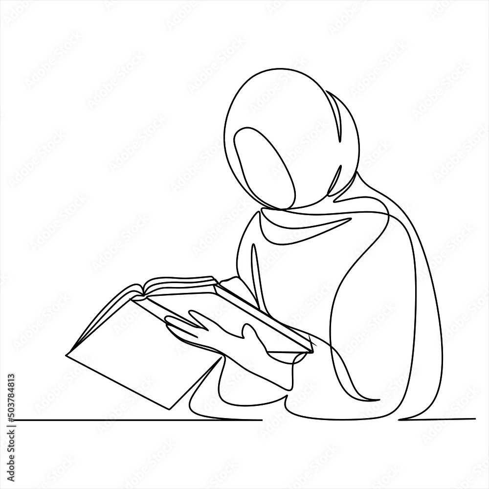 continuous single drawn one line Muslim girl student drawn by hand ...