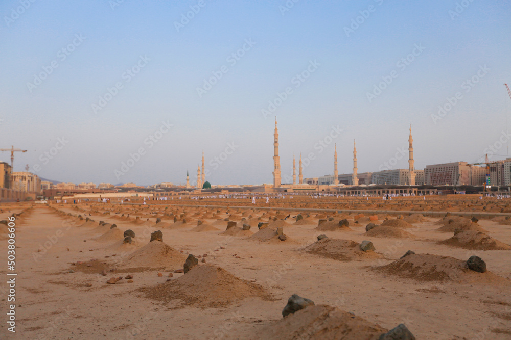 View of Baqee' Muslim cemetary at Masjid (mosque) Nabawi in Al Madinah ...