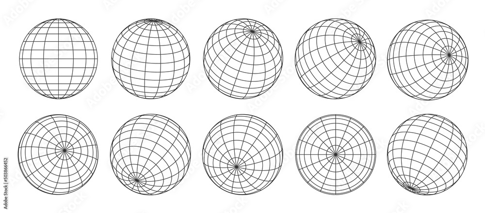 3d globe grid, planet sphere and ball wireframe. Vector Earth globe ...