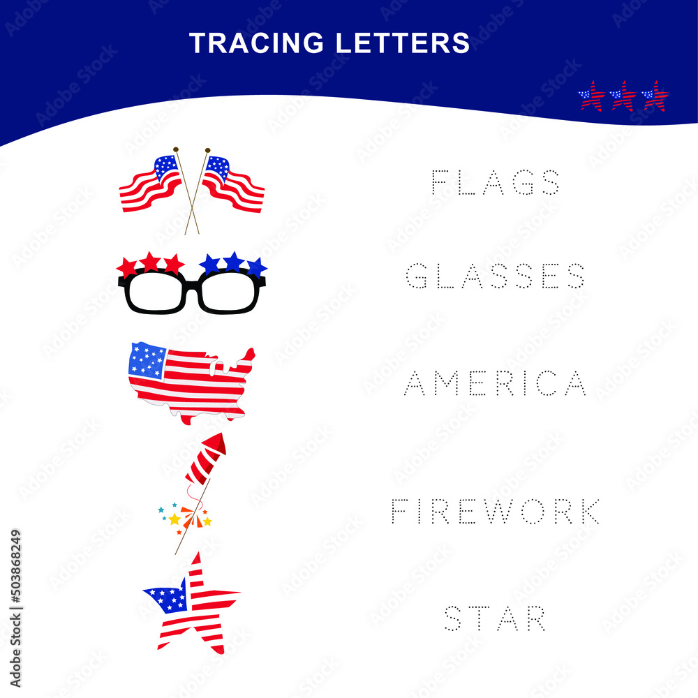 Tracing worksheet with Fourth July theme. Educational printable ...