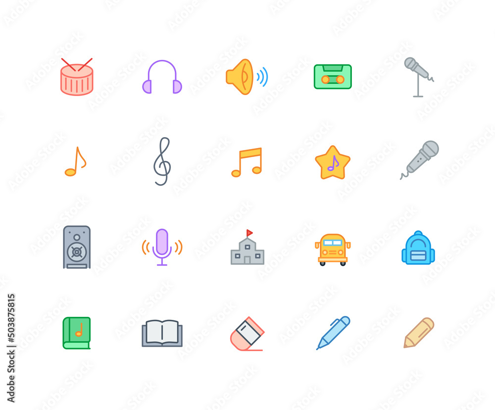 Collection of music class color icons. Set of music note symbols drawn ...