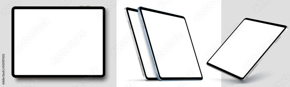 Blank screen realistic tablet frame, rotated position, side view, top ...