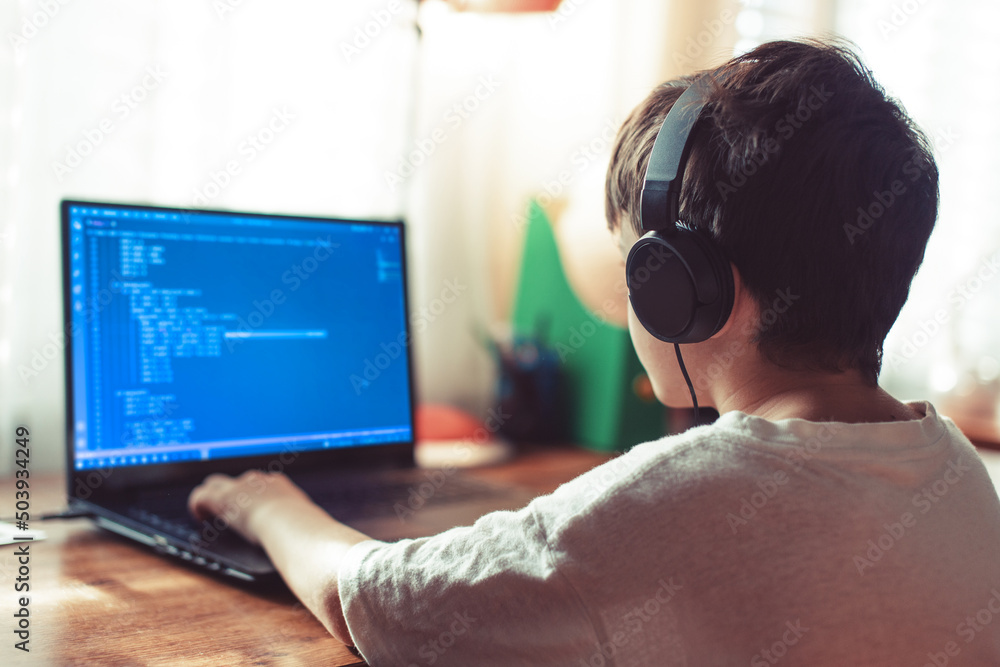 Young geek boy coding on laptop at home Stock Photo | Adobe Stock