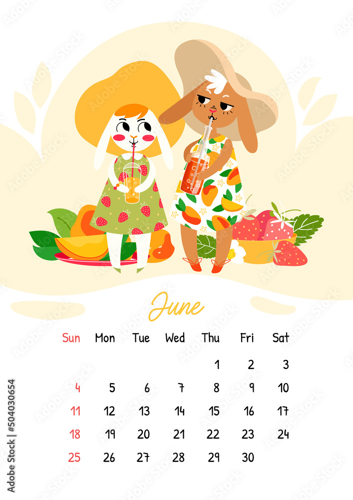 Vertical vector calendar for June 2023 with cute rabbit with summer ...