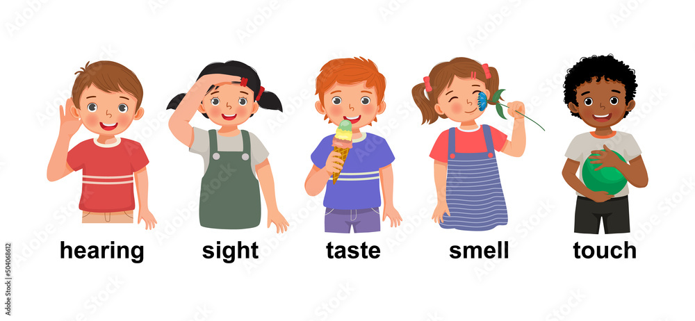 cute little children boys and girls showing five senses organs ...