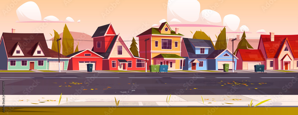 Suburb district street with houses in autumn. Vector cartoon ...