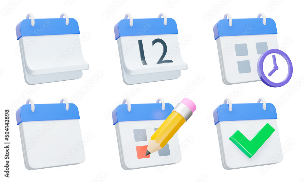 Calendar icon set. Calendars with a bent or straight page, date, time ...
