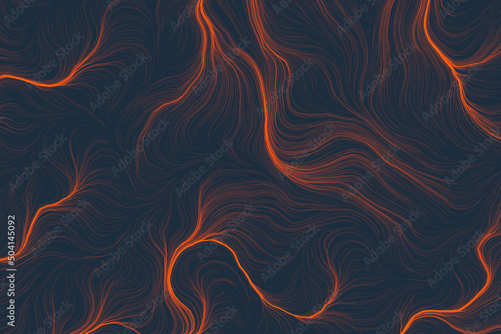 Abstract orange particles flow on dark background. Futuristic electro ...
