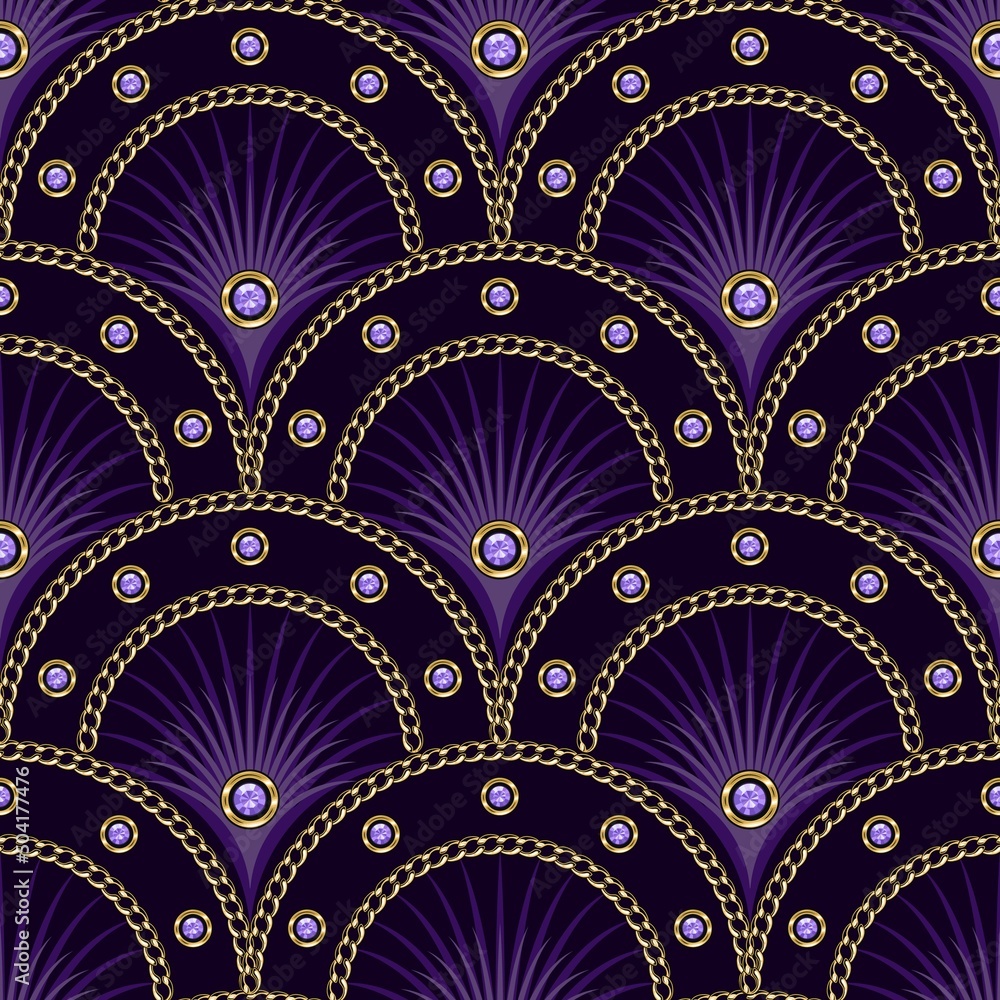Seamless purple pattern with fan shaped grid, gold chains, violet ...