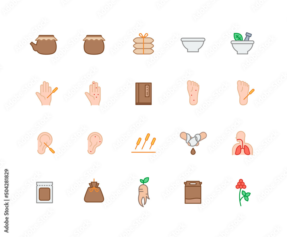 Collection of oriental medicine color icons. medicinal herbs, saliva ...