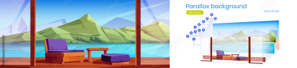 Wooden house terrace with furniture on lake shore. Vector parallax ...