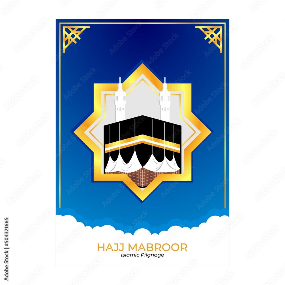 vector of Kaaba with yellow lines framed by gold stars and clouds below ...