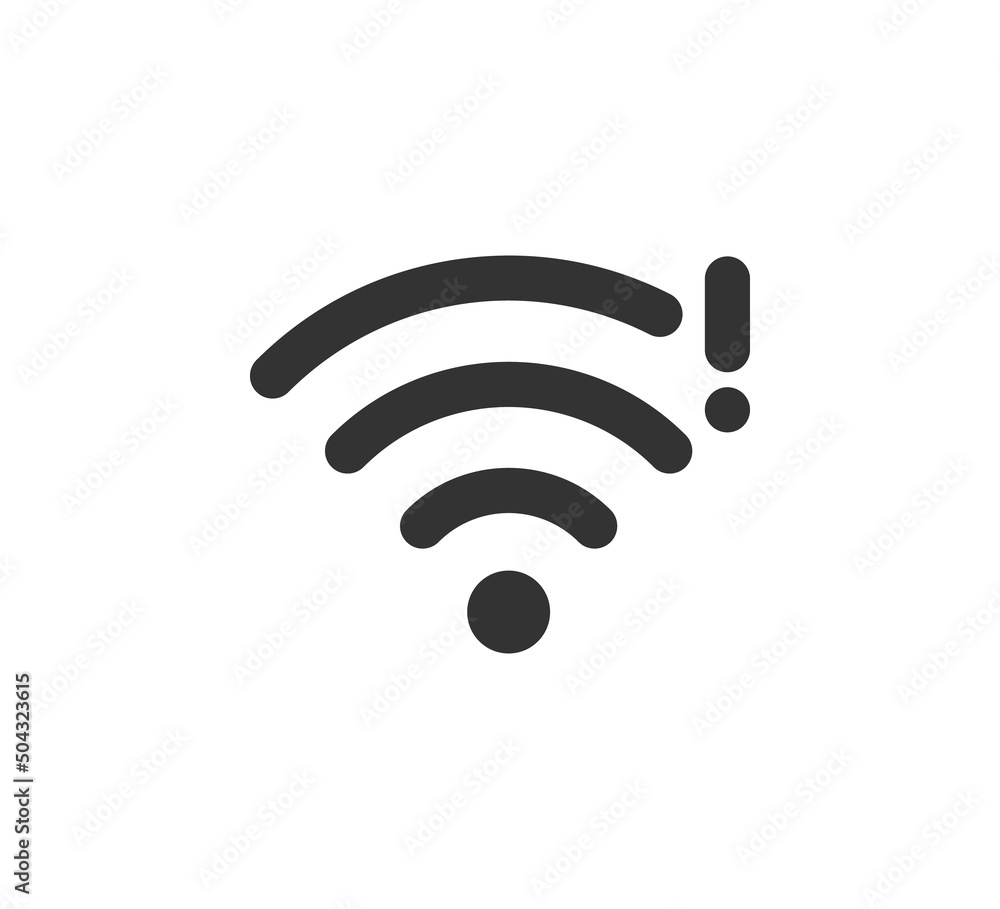 Wifi symbol and exclamation mark icon. Jamming wireless internet signal. Wi-Fi error. Failure ...