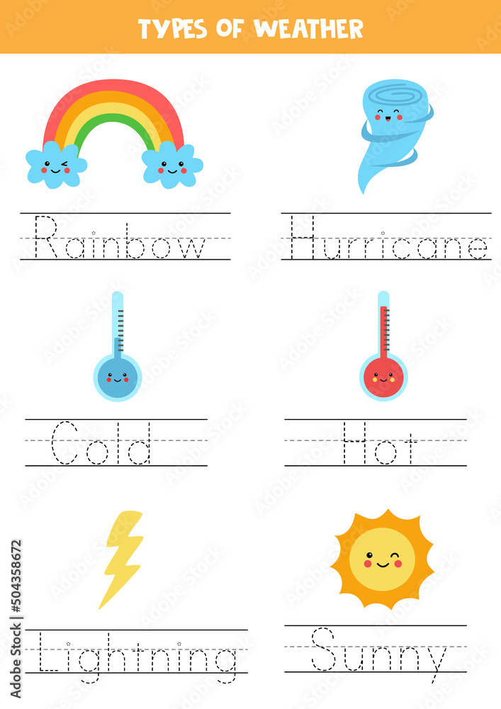 Tracing names of weather types. Writing practice. Stock Vector | Adobe ...