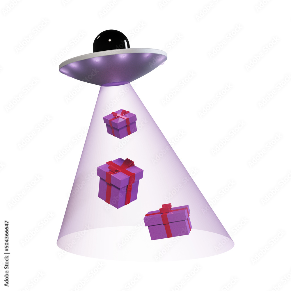 3D alien spaceship with beam. Flying UFO ship lifting gift boxes with ...