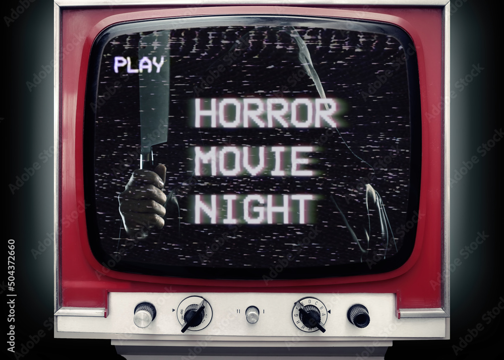 A fake VHS tape played on the screen of a vintage tv set: a faceless ...