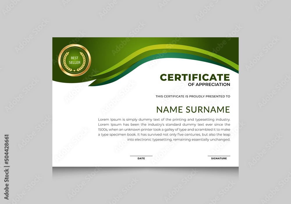 Praca wektorowa bez tantiem: Gold and green certificate of appreciation award template with ...