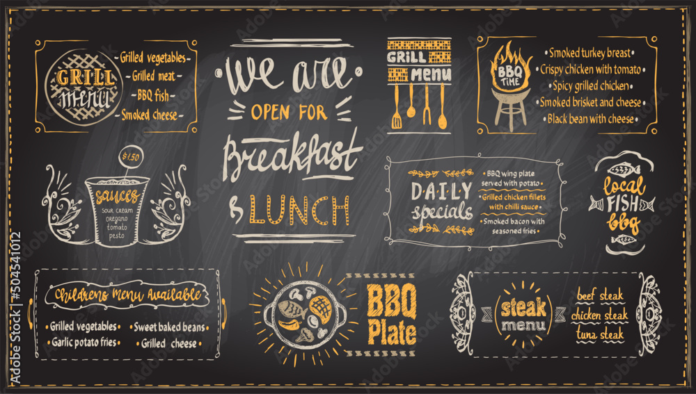 Barbecue menu chalkboard template, menu board with BBQ symbols and ...