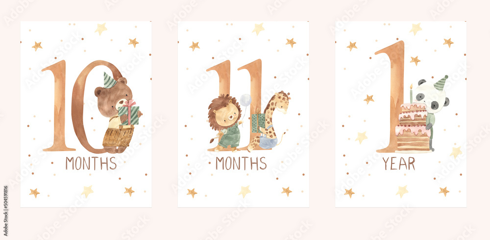Watercolor milestone cards illustration for kids Stock Illustration ...
