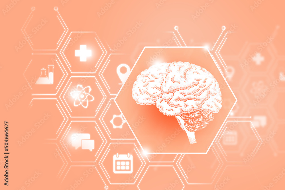 Graphic illustration of Brain organ marked by hexagon molecule ...