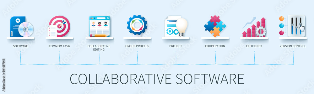 Collaborative software banner with icons. Software, common task ...