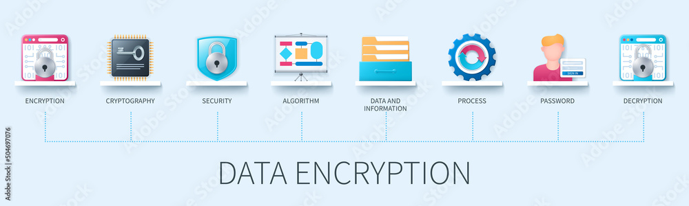Data encryption banner with icons. encryption, cryptography, security ...