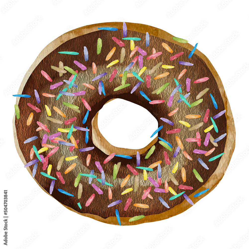 Watercolor sweet chocolate donut in brown chocolate glaze. Sprinkles ...