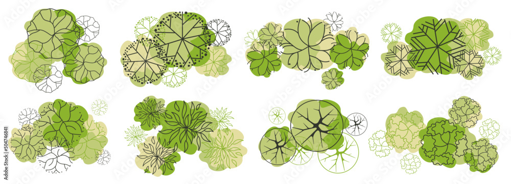 Trees top view. Entourage design. Various trees, bushes, and shrubs ...