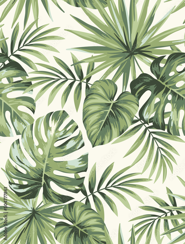 Hawaiian seamless pattern with exotic palm leaves. Tropical plants in ...