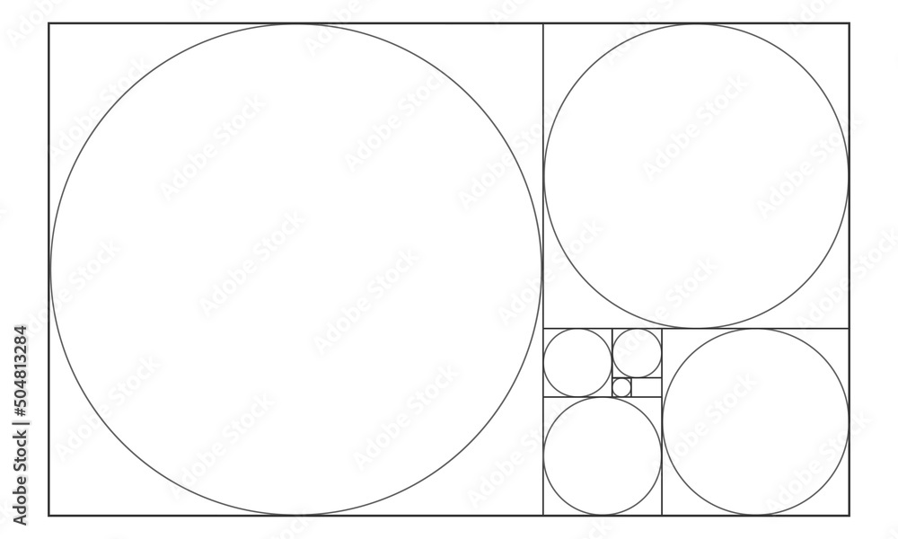 Golden ratio template. Circles in squares in rectangle frame. Fibonacci ...