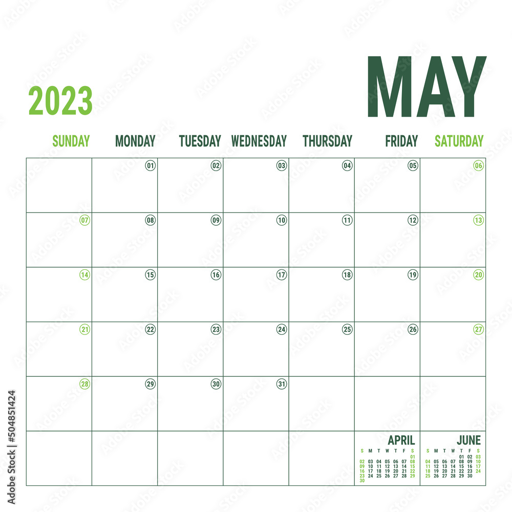 May. Planner 2023 year. English vector square calendar template ...
