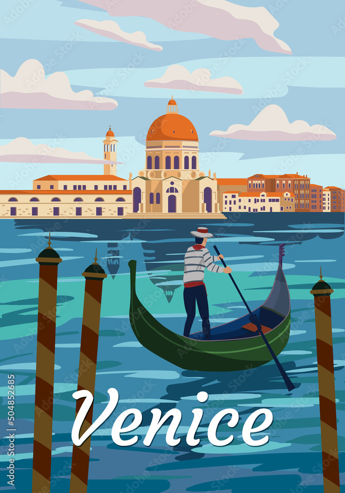 Venice Italia Poster retro style. Grand Canal, gondolier, architecture ...