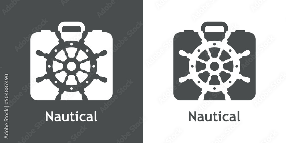 Logotipo con texto Nautical y silueta de timón de barco en maleta en ...