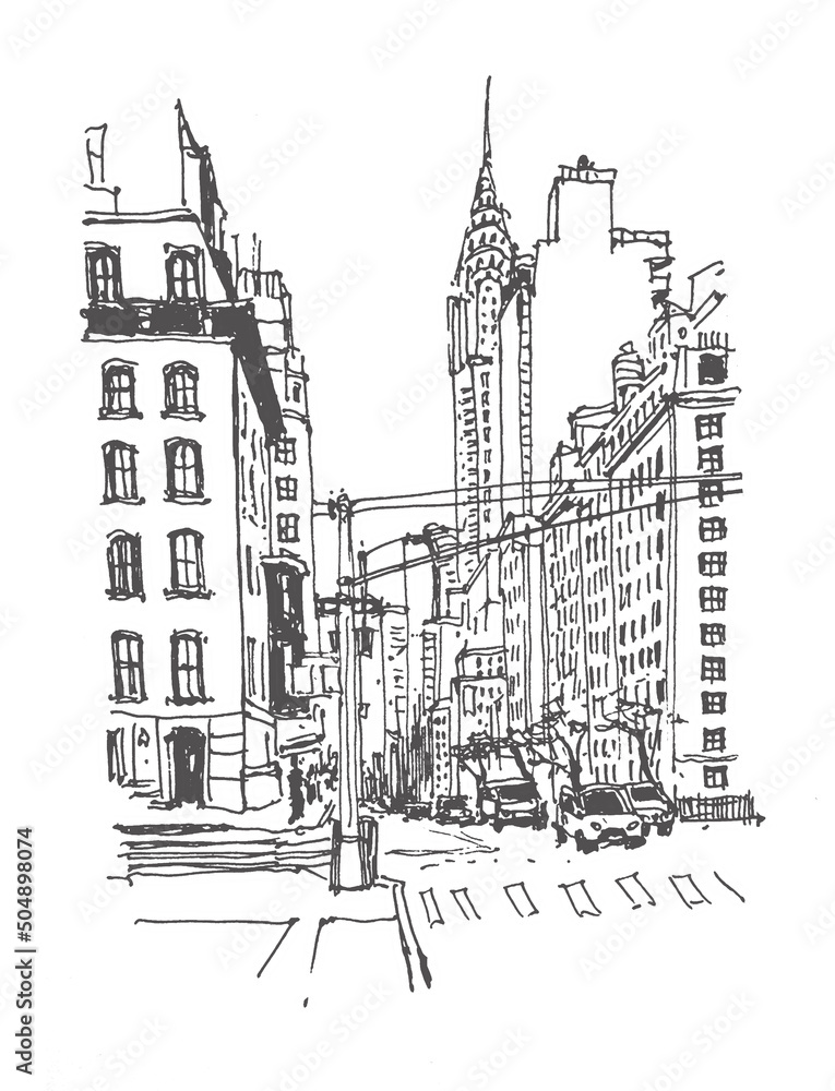 Architecture sketch illustration. Travel sketch of the street in New ...